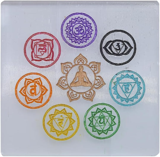 Seven Chakra Crystal Charging & Energising Plate — Selenite (80 × 80 × ...